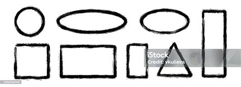 블랙 챠콜 기하학적 프레임 세트 직사각형 삼각형 및 원형 페인트 브러시 테두리 컬렉션 다이어그램 강조 표시 밑줄 강조를 위한 대략적인 스케치 요소 벡터 낙서 크레용 양식 팩