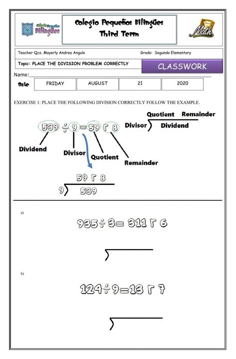 Classwork Place The Divison Problem Worksheet Live Worksheets