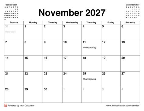 November 2027 Calendar Inch Calculator