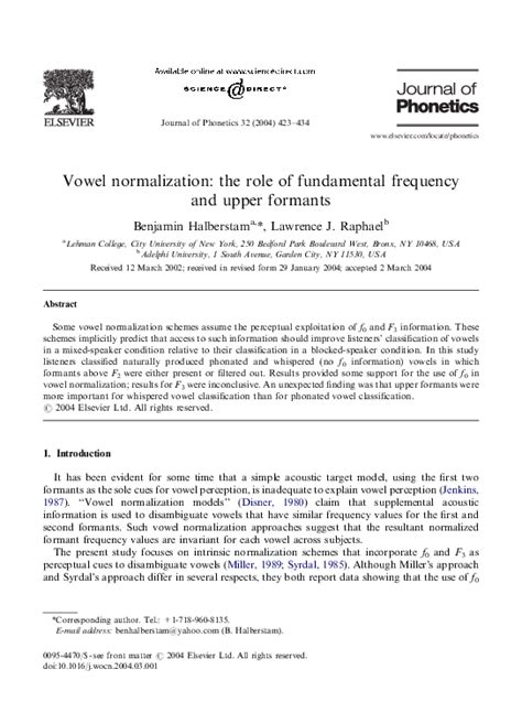 Pdf Vowel Normalization The Role Of Fundamental Frequency And Upper Formants