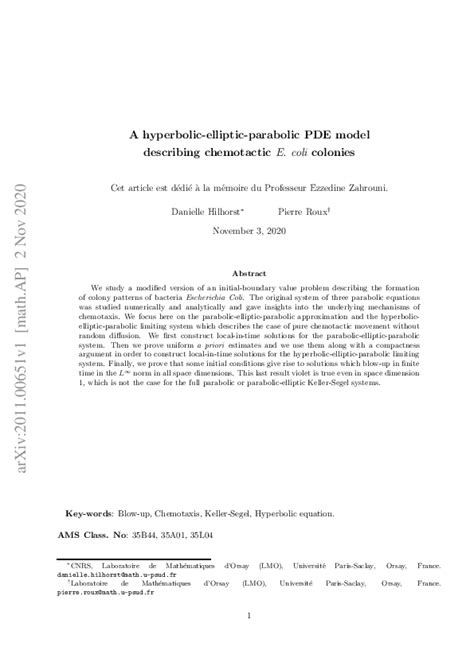 Pdf A Hyperbolic Elliptic Parabolic Pde Model Describing Chemotactic E Coli Colonies