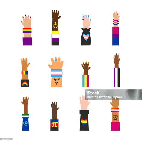 행복한 자부심 요소가 세트로 되어 있습니다 게이 레즈비언 무성애자 양성애자 범성애자 무지개 Lgbt 상징으로 손을 든 다양한 백인과 양성애자 벡터 평면 그림입니다 0명에