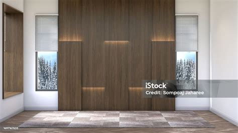 아파트 인테리어 디자인 거실 빈 공간 미니멀리스트 모던 스타일 흰 벽과 나무 벽 쪽모이 세공 마룻바닥 자연 채광 3d 렌더링 0