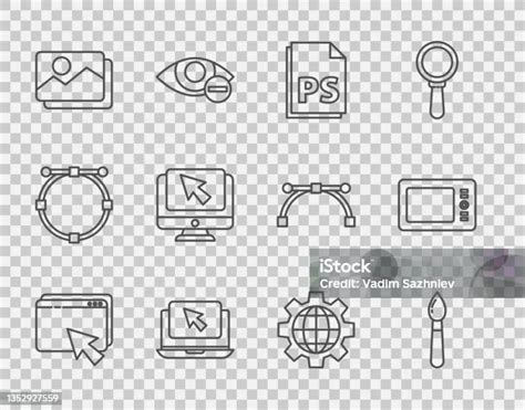 세트 라인 웹 디자인 및 개발 페인트 브러시 Ps 파일 문서 노트북 커서 그림 풍경 컴퓨터 모니터 지구 기어및 그래픽 태블릿
