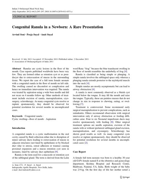 Congenital Ranula In A Newborn A Rare Presentation Pdf Medical Specialties Clinical Medicine