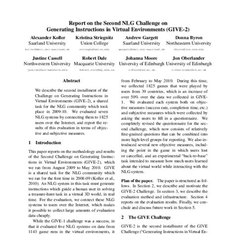 Report On The Second Nlg Challenge On Generating Instructions In Virtual Environments Give 2