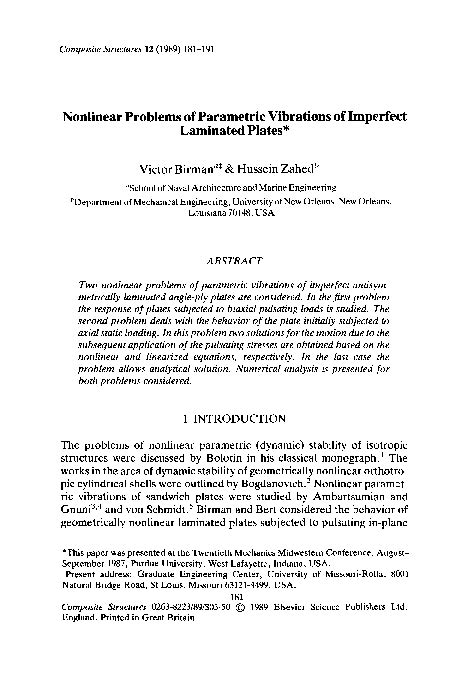Pdf Nonlinear Problems Of Parametric Vibrations Of Imperfect Laminated Plates Hussein Zahed