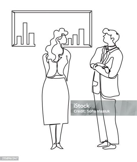 Business Graphics Or Statistics Chart Man And Woman Isolated Outline