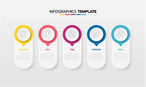 비즈니스 인포그래픽 템플릿 프로세스에는 간단한 기하학 정사각형 직사각형 원형 삼각형 가는 선 아이콘과 5개의 옵션 또는 단계가 있는 평면 디자인 템플릿의 곡선이 있습니다