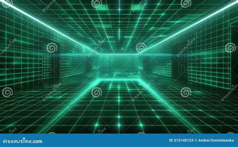 Background With 3d Green Matrix Lines Wire Grid Perspective Futuristic Wireframe Room With Mesh