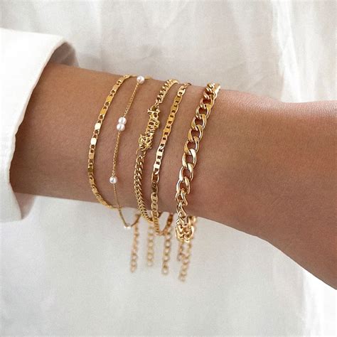 5pcs Trendy Chain Bracelet Set For Women Angel Letter Gold Silver Color