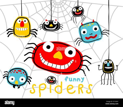 Funny Colorful Spiders Cartoon In Spiderweb Vector Cartoon