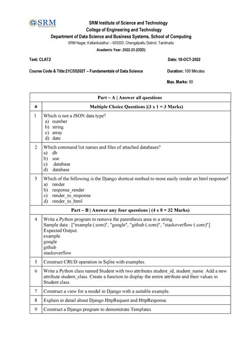 Ct2 Questions 1 Srm Institute Of Science And Technology College Of
