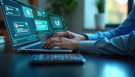 Person Uses Laptop With Glowing Interface Person Interacts With