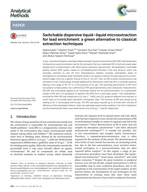 Pdf Switchable Dispersive Liquid Liquid Microextraction For Lead