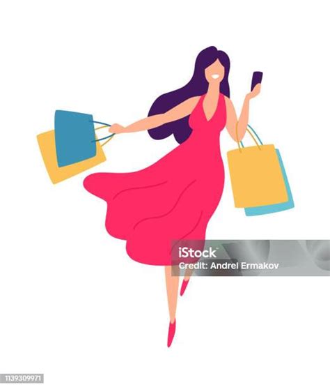쇼핑 여자의 그림입니다 만화 스타일에 긍정적인 평면 그림입니다 할인 및 판매 쇼핑 홀 릭 온라인 판매 상품 구매자 가방에 대한 스톡 벡터 아트 및 기타 이미지 Istock