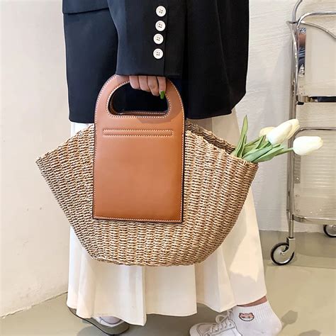 여성용 심플한 바구니 쇼퍼 백 해변 밀짚 가방 여행용 핸드백 럭셔리 디자인 겨드랑이 어깨 가방 여름 AliExpress