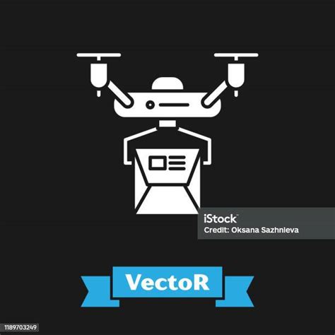 검은 색 배경에 격리 된 흰색 무인 항공기 배달 개념 아이콘입니다 패키지를 운반하는 쿼드로 콥터 운송 물류 개념 벡터 일러스트레이션 감시에 대한 스톡 벡터 아트 및 기타