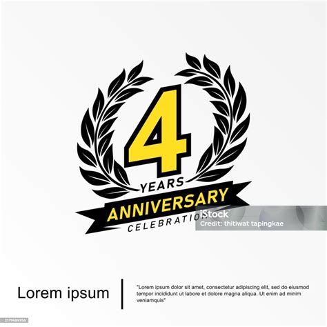 창립 4 주년 기념 엠블럼 기념일 로고는 월계관과 리본으로 고립되어 있습니다 웹 전단지 포스터 초대장 또는 인사말 카드에 대한 벡터 일러스트 레이 션 템플릿 디자인 4에