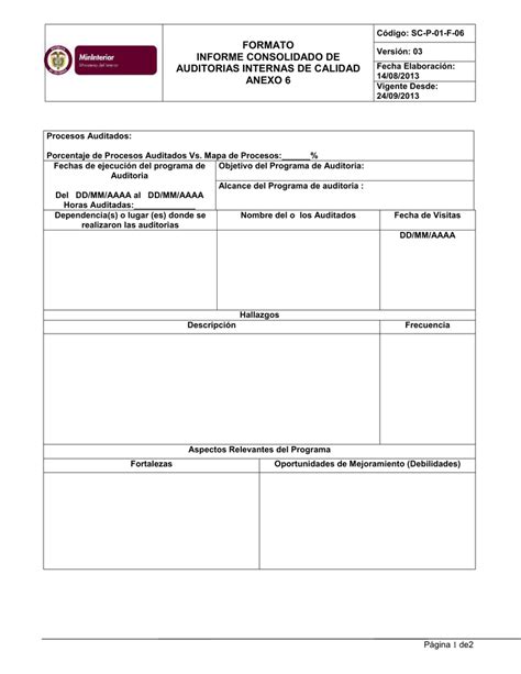 Formato Informe Consolidado De Auditorias Internas De Calidad