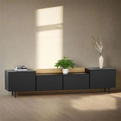 Sleek Black Tv Cabinet With Wooden Accent And Modern Storage Design