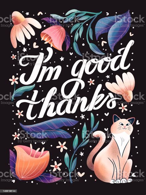 나는 꽃과 함께 좋은 감사 손 편지 카드입니다 타이포그래피와 꽃 장식과 어두운 배경에 고양이 화려한 축제 그림입니다 0명에 대한 스톡 벡터 아트 및 기타 이미지 Istock