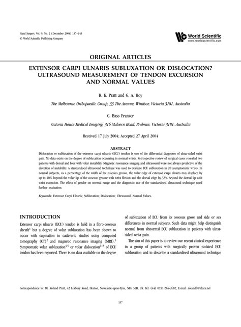 Pdf Extensor Carpi Ulnaris Subluxation Or Dislocation Ultrasound Measurement Of Tendon