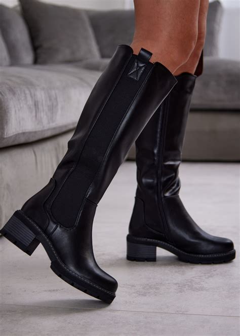 Black Knee High Boots With Low Block Heel And Elastic Side Panel