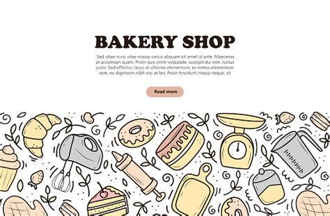 베이킹 및 요리 도구 믹서 케이크 숟가락 컵 케이크 저울의 배너 낙서 스타일의 벡터 그림입니다 흰색 배경에 손으로 그린