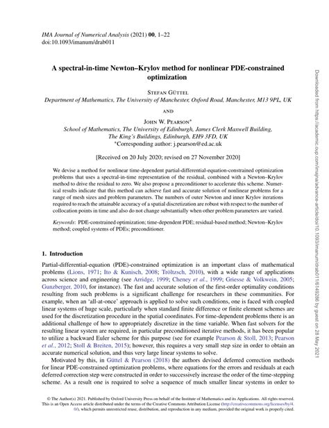Pdf A Spectral In Time Newtonkrylov Method For Nonlinear Pde Constrained Optimization