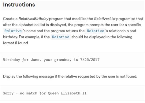Solved Create A Relativesbirthday Program That Modifies The