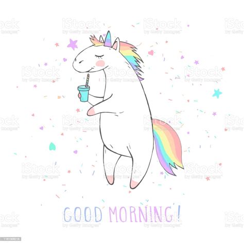 커피와 텍스트와 손으로 그린 귀여운 유니콘의 벡터 그림 흰색 배경에 좋은 아침 과체중에 대한 스톡 벡터 아트 및 기타 이미지