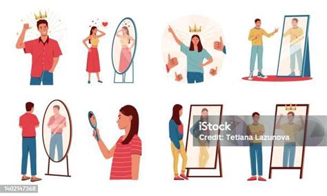 자신감있는 사람 자신을 자랑스러워하는 거울을 바라 보는 긍정적 인 사고 방식을 가진 만화 남성과 여성 자기 수용의 개념 벡터 격리 세트 거울에 대한 스톡 벡터 아트 및 기타