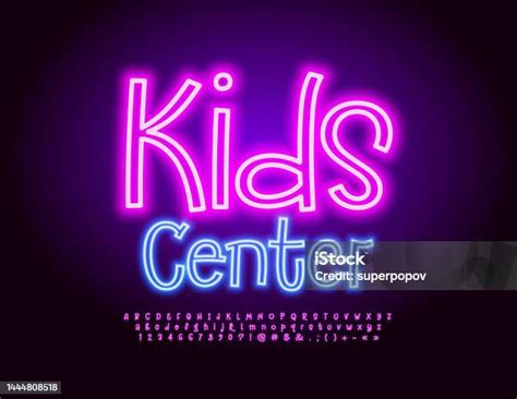 벡터 네온 엠블럼 키즈 센터 귀여운 스타일 알파벳 문자 숫자 및 기호 세트 재미에 대한 스톡 벡터 아트 및 기타 이미지 재미
