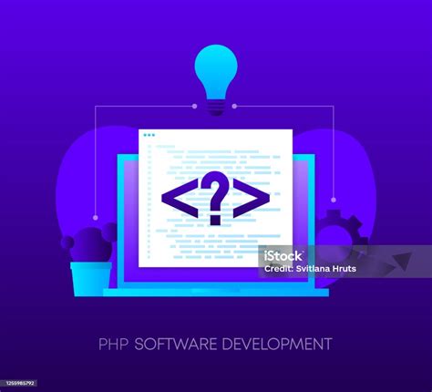 어두운 그라데이션 배경에 대한 Php 소프트웨어 개발 프로그래밍 개념 봉투가있는 노트북 프로그래밍 코드가있는 창을 엽니 다 벡터 애플리케이션 프로그래밍 인터페이스에 대한