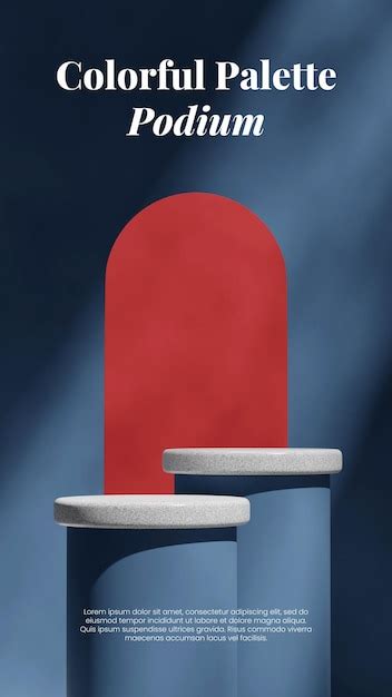 초상화에 ⁇ 그라나이트 실린더 포디움 빨간 아치와 파란 벽 3d 렌더 이미지 모 ⁇ 템플릿 프리미엄 Psd 파일