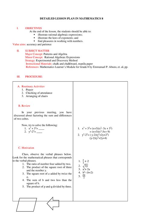 Illustrating Rational Algebraic Expression 1st Quarter In Mathematics 8 Detailed Lesson Plan