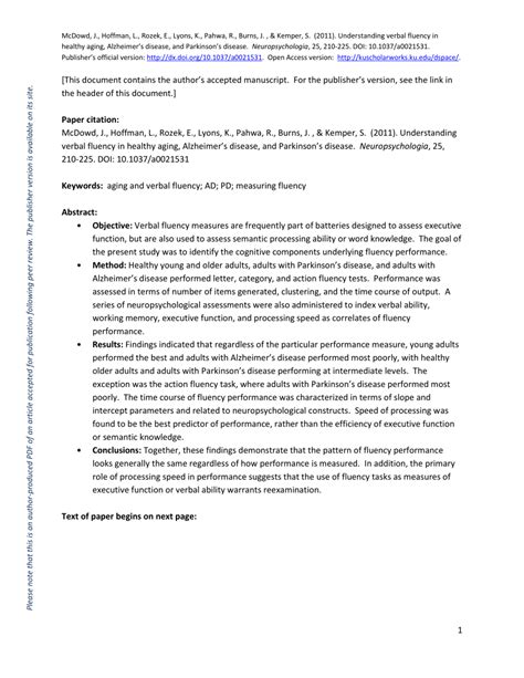 Pdf Understanding Verbal Fluency In Healthy Aging Alzheimers Disease And Parkinsons Disease