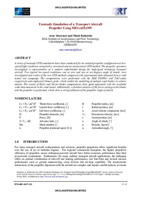 Pdf Unsteady Simulation Of A Transport Aircraft Propeller Using Megaflow