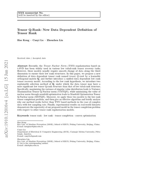 Tensor Q Rank New Data Dependent Definition Of Pdf Matrix Mathematics Tensor