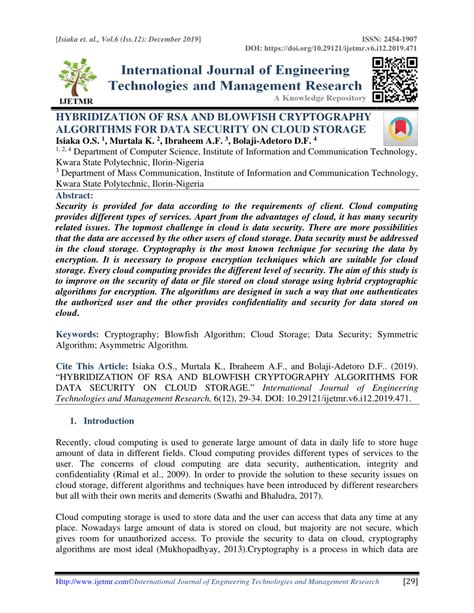 PDF HYBRIDIZATION OF RSA AND BLOWFISH CRYPTOGRAPHY ALGORITHMS FOR DATA SECURITY ON CLOUD STORAGE
