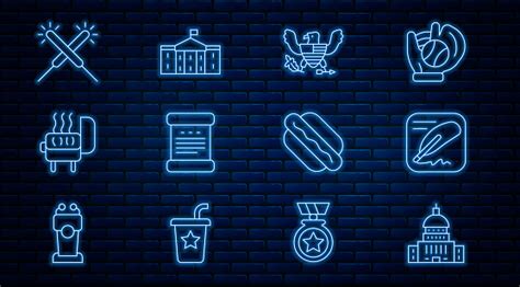 세트 라인 백악관 독립 선언 독수리 바베큐 그릴 스파클러 불꽃 작품 핫도그 샌드위치와 미국 국회 의사당 의회 아이콘 벡터 7월에 대한 스톡 벡터 아트 및 기타 이미지