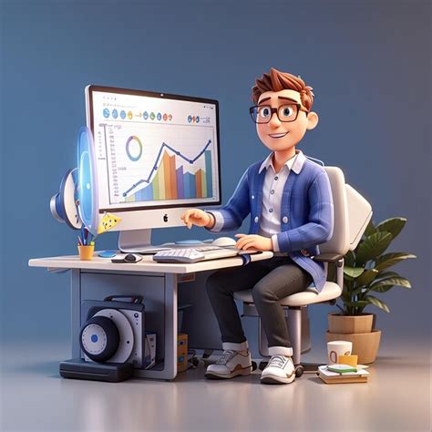 Premium Photo 3d Cartoon Character And Computer With Open Pages Web Analytics Seo Optimization