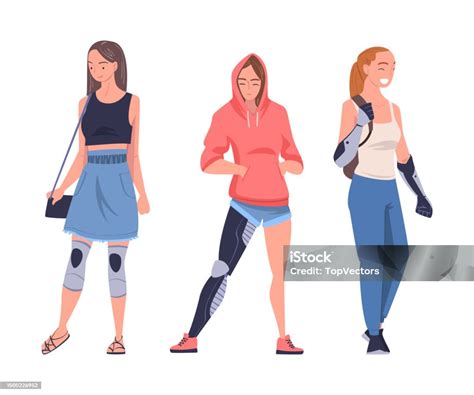 로봇 신체 부위 보철물이 정상 기능을 복원하는 벡터 세트를 가진 행복한 여자 캐릭터 개체 그룹에 대한 스톡 벡터 아트 및 기타 이미지 개체 그룹 건강관리와 의술 과학