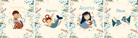 조디악 궁수자리 물병자리 물고기자리 잎이 있는 염소자리 화려한 꽃과 별 점성술 조디악 표지판을 포스터 로고 카드에 완벽하게 설정하십시오 벡터 그림입니다 벡터에 대한 스톡