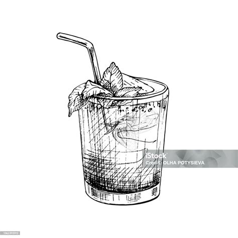 짚 슬라이스 딸기 민트 잎을 곁들인 모히토 칵테일 빈티지 부칭 그리기에 대한 스톡 벡터 아트 및 기타 이미지 그리기 각얼음