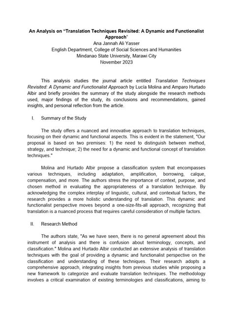 An Analysis On Translation Techniques Revisited A Dynamic And
