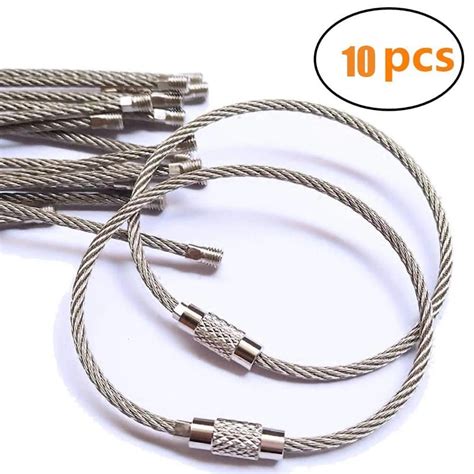 10pcs 스테인레스 스틸 와이어 키 체인 링 키 링 서클 로프 케이블 루프 야외 캠핑 하이킹 수하물 태그 나사 잠금 59