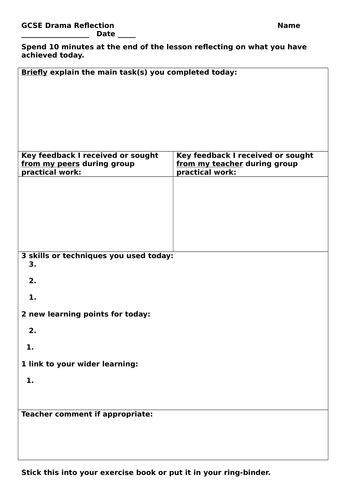 Gcse Drama Reflection Tracker Teaching Resources