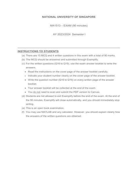 Nus Ma1513 Exam Instructions